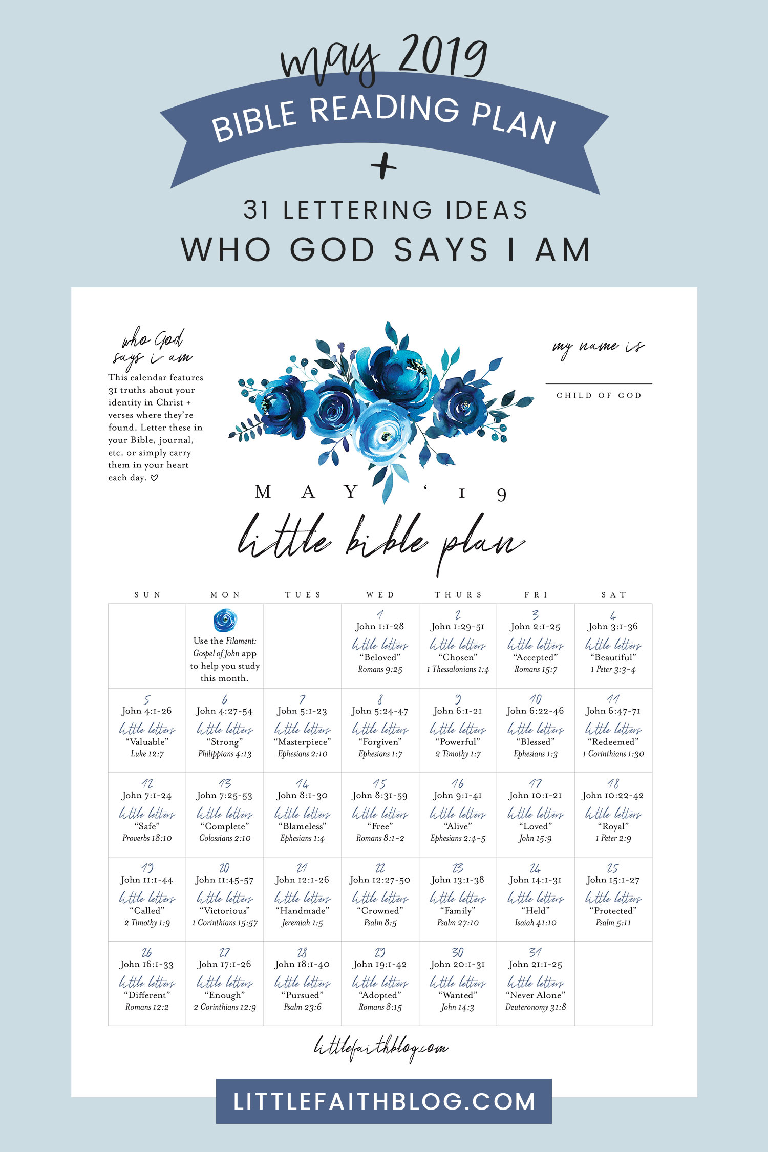 May 2019 Bible Reading Plan + Who God Says I Am: 31 Lettering Ideas ...